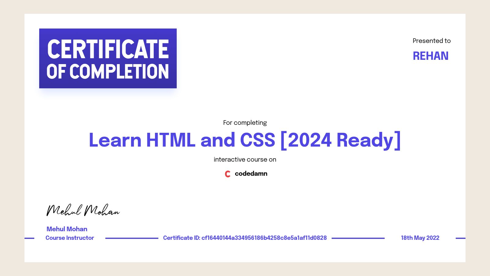 REHAN's certification for Learn HTML and CSS [2024 Ready] - Codedamn