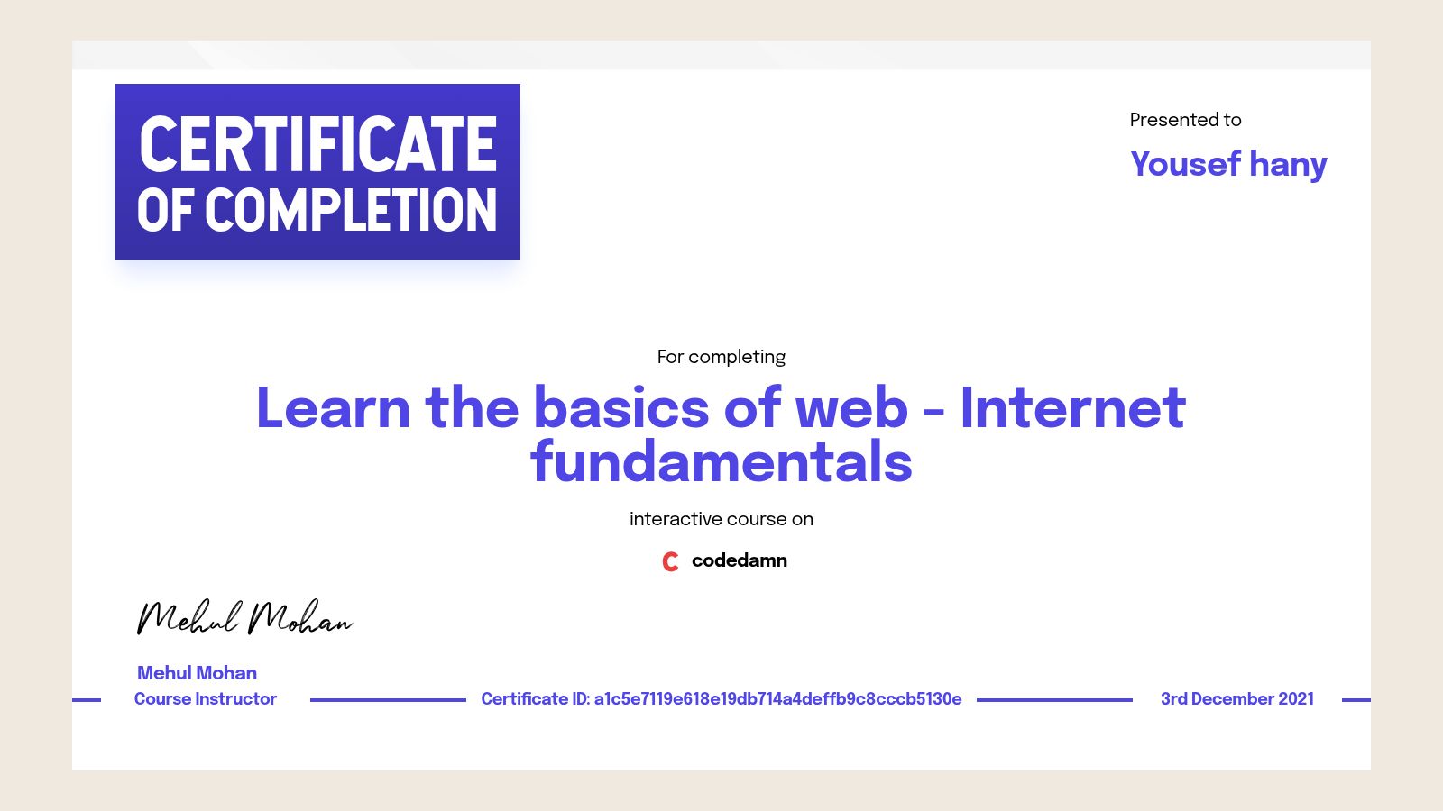 Yousef hany's certification for Learn the basics of web - Internet ...